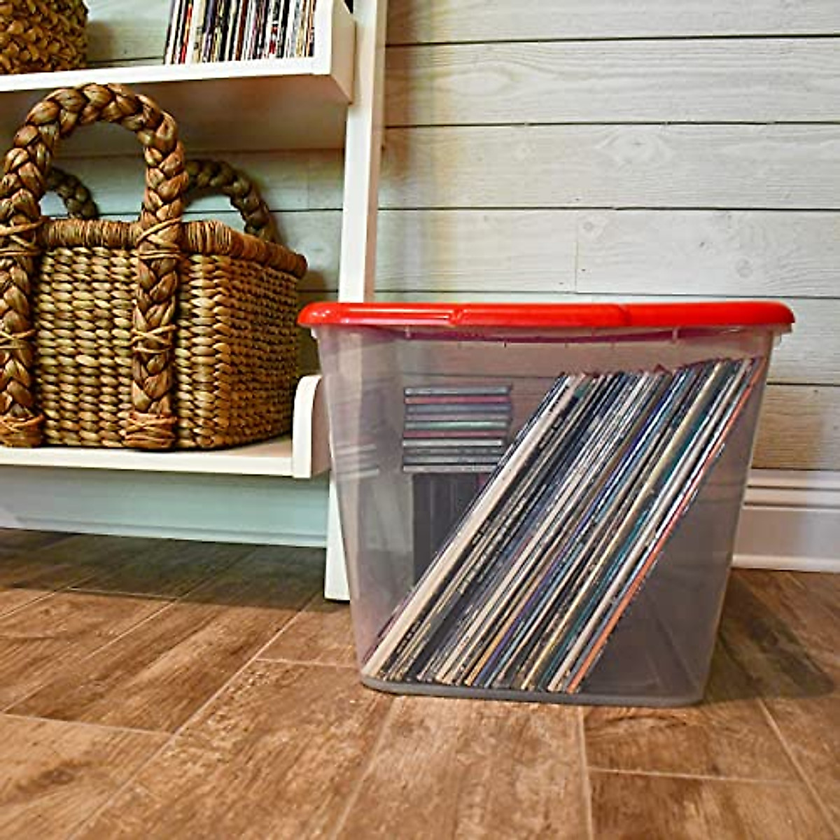 SIMPLYKLEEN 14.5-gal. Durable Stacking Plastic Storage Containers with Lids, Red/Clear (Pack of 4)