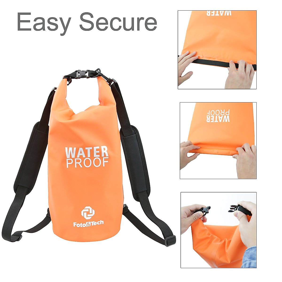 Foto&Tech Orange 10LT Waterproof Dry Bag Roll Top Dry Compression Sack Floating Dry Gear Bag Storm Sack+Backpack Style Padded Shoulder Straps for Kayaking/Boating/Beach/Rafting/Hiking/Camping/Fishing