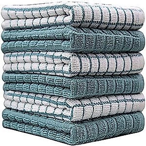 Kitchen Towels 16"x 28" | Dish Towels | Kitchen Hand Towels | Large Dishcloths Set | Highly Absorbent Tea Towel, Soft with Hanging Loop | Natural Ring Spun Cotton, 380 GSM | Aqua Check Design - 6 Pack