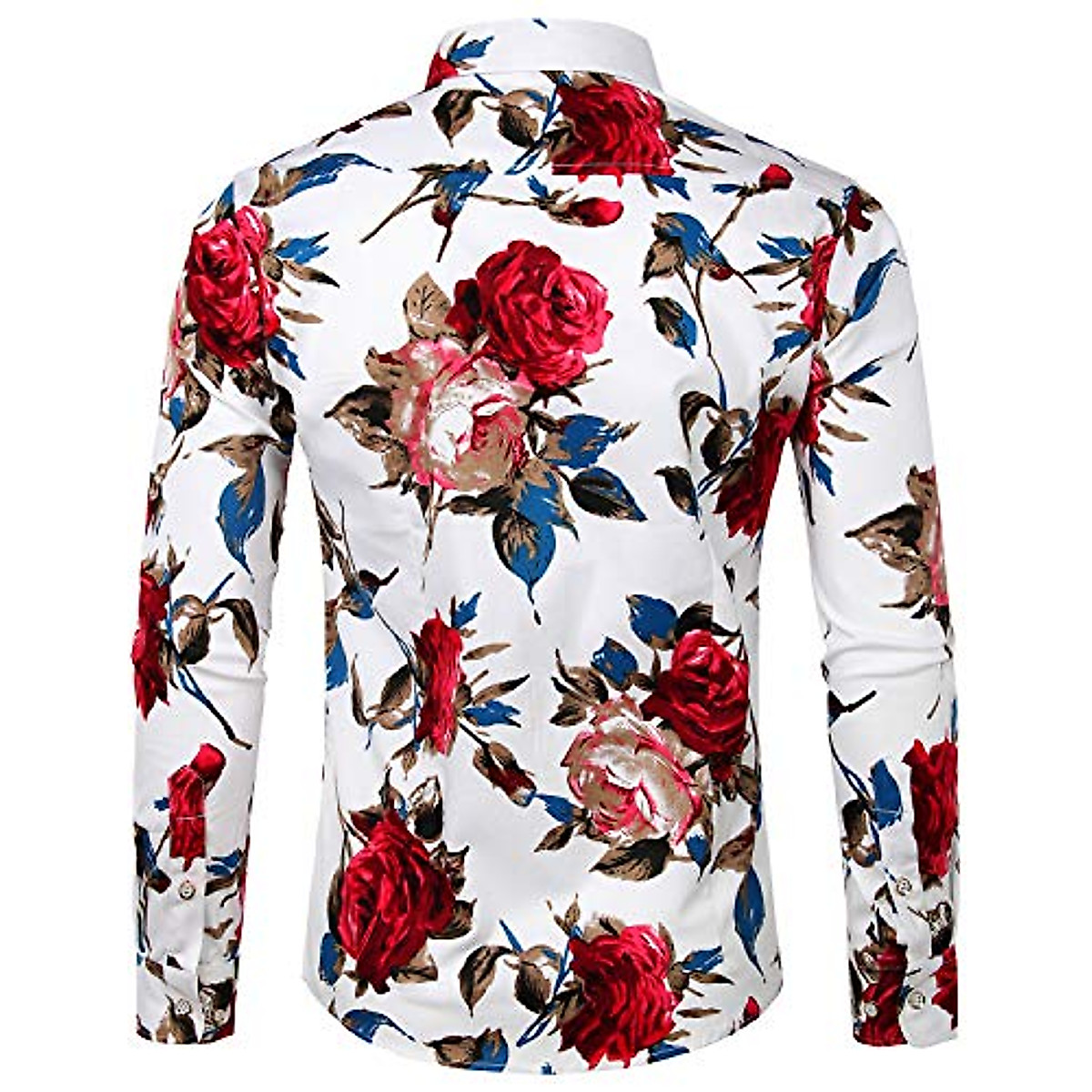 ZEROYAA Men's Hipster Retro Rose Floral Printed Casual Slim Fit Long Sleeve Streth Shirt ZLCL04-101-White Small