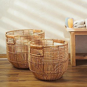 X AVIA HANDICRAFTS Set Of 2 Large Woven Blanket Baskets With Handles | Round Wicker Rattan Storage Floor Baskets for Shoe In Living Room | Extra Big Boho Rattan Laundry Baskets For Pillow, Blanket