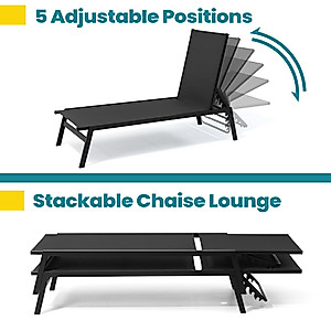 Pellebant Outdoor Lounge Chairs Set of 2, Patio Chaise Lounge, Rustproof Pool Lounge Chairs for Pool Deck Sunbath with Adjustable Backrest(2PCS,Black)