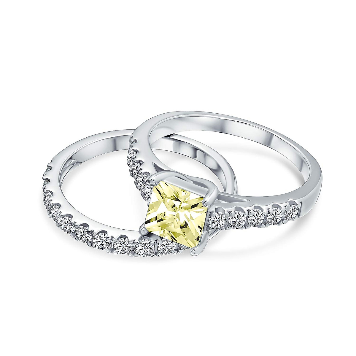 1CT Brilliant Canary Yellow Cubic Zirconia Square Princess Cut Solitaire Cathedral Setting Thin Eternity Pave Band AAA CZ Anniversary Engagement Wedding Ring Set .925 Sterling Silver