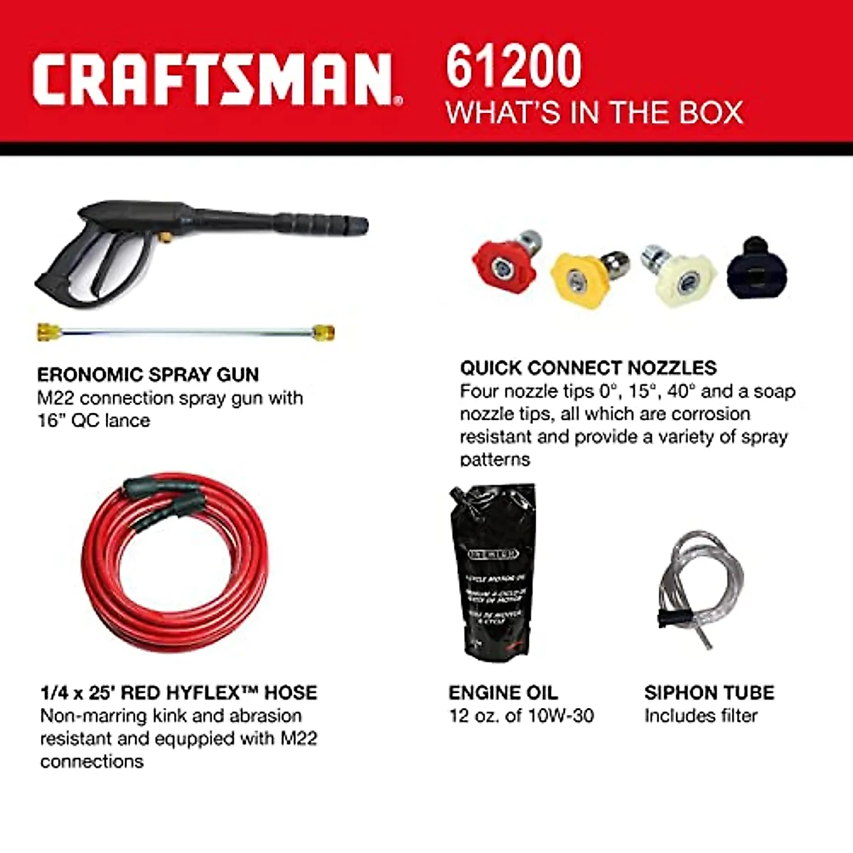 Craftsman CMXGWFN061200 3200 PSI Gas Pressure Washer, 2.4 GPM, Craftsman Engine, Includes Spray Gun and Wand, 4 QC Nozzle Tips, 1/4-in. x 25-ft. Hose, Red