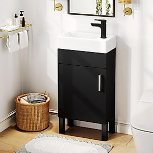 DWVO 16 Inch Bathroom Vanity Sink Combo for Small Space, Freestanding Bathroom Cabinet with Undermount Ceramic Sink, Modern Bathroom Storage Vanity Soft-Close Doors, Black