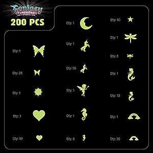 Fantasy Glow Stars, 200-Count Glow in The Dark Stars for Girls with Bonus Hearts, Moon, Unicorns, Dragonflies, Sea Horses, Butterflies, Rainbow Clouds, Princesses and Mermaids
