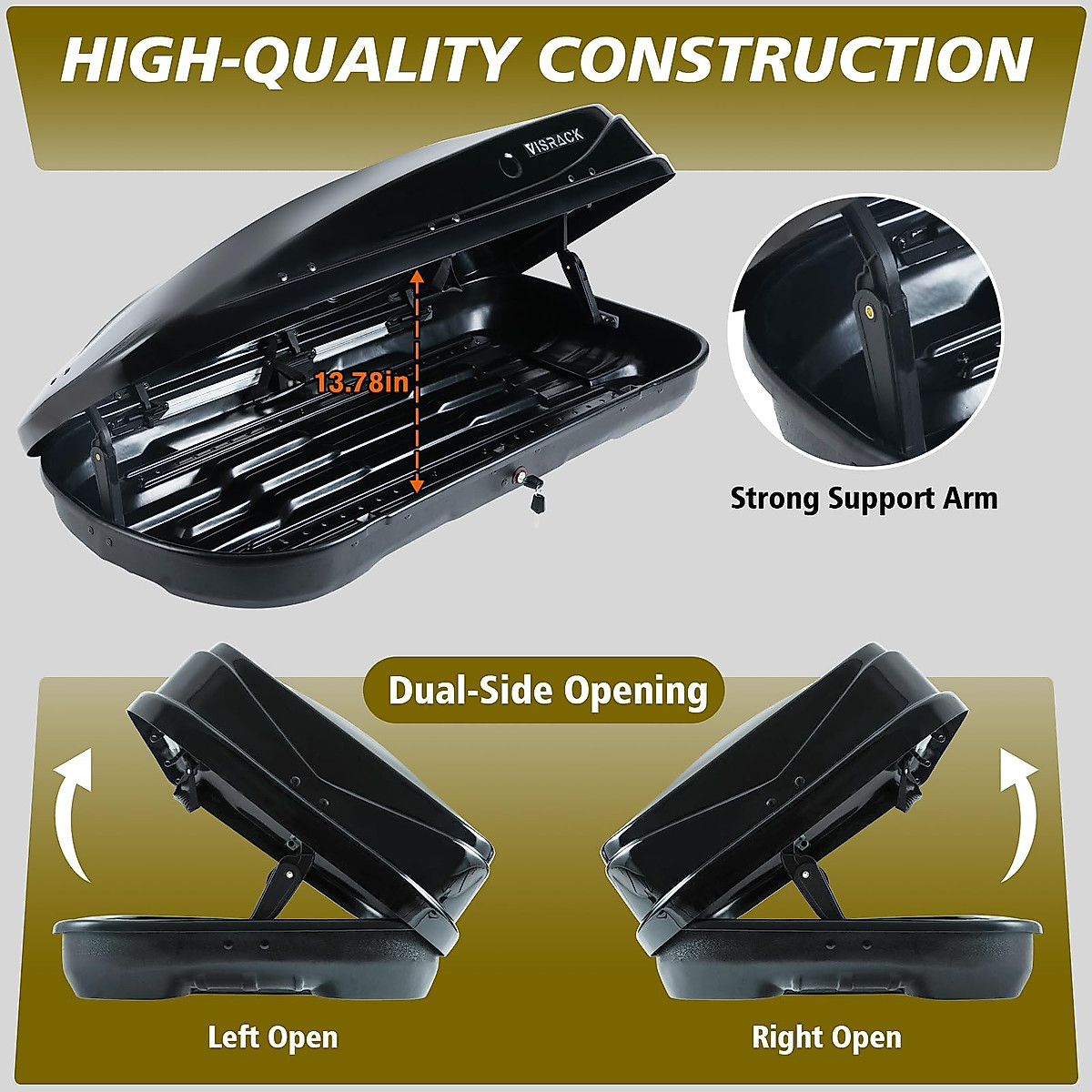 56 Inch Black Rooftop Cargo Box Carrier, Large 13 Cubic Feet Car Top Mount Travel Luggage Storage, Dual Side Opening, Heavy Duty Waterproof Rooftop Storage Box with Security Keys