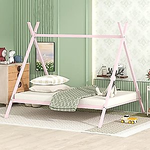 TARTOP Full Size House Bed Metal Tent Bed Frame, Floor Play House Bed Frame with Slat, Platform Bed for Kids Girls Boys, Teens No Box Spring Needed,Pink