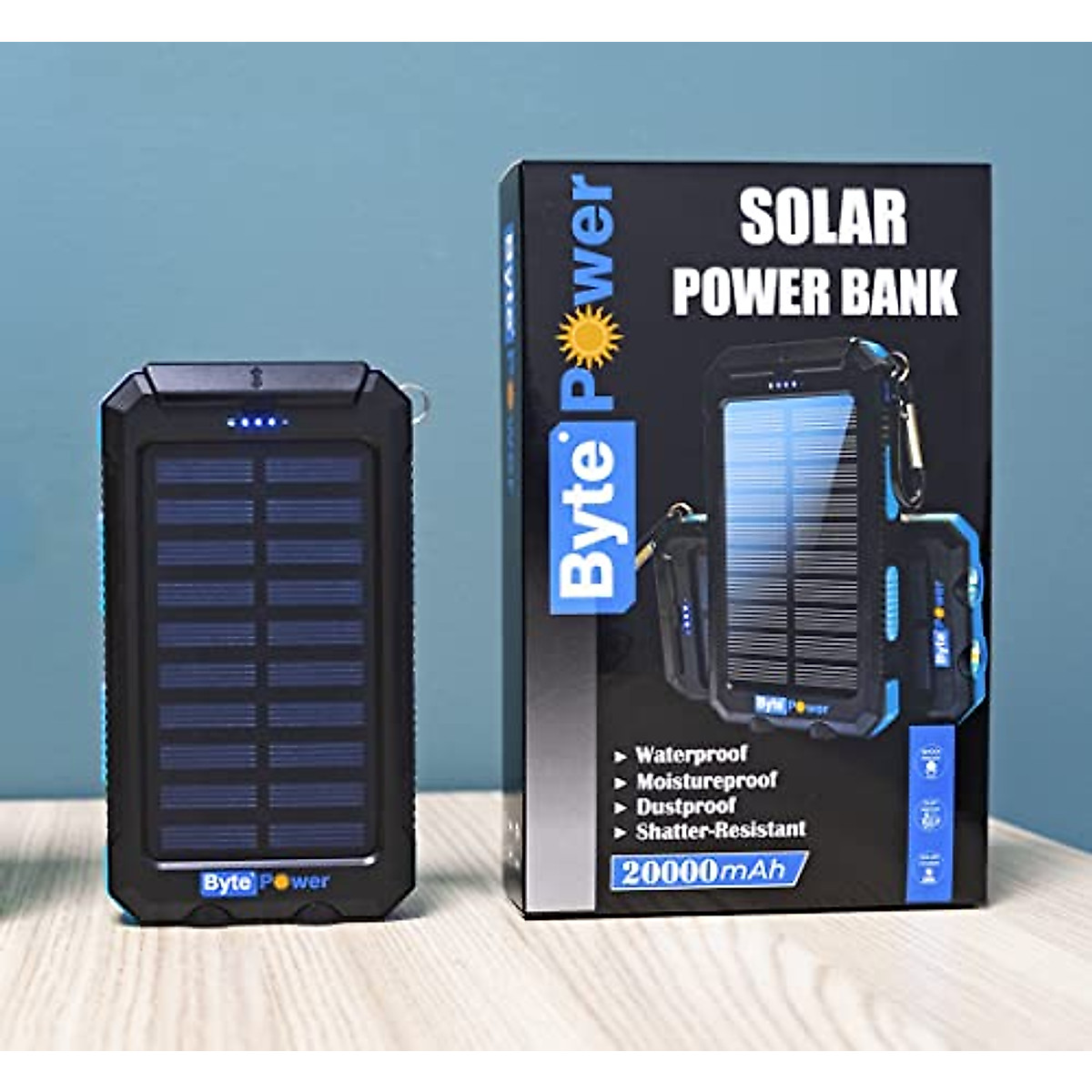 Solar Charger Power Bank 20000mAh, Portable Solar Pone Charger with Compass,Carabiner, Whistle,Flashlights,Solar Panel Charger,Camping Gear Accessory (Blue)