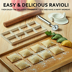 MUMSUNG Ravioli Maker Press, Ravioli Press Mold Set - 1.85" Squares Ravioli Stamp Maker Cutter with Wood Rolling Pin, 2.6" Empanada Maker Press Kit and Ravioli Wheel, Makes 8 Ravioli