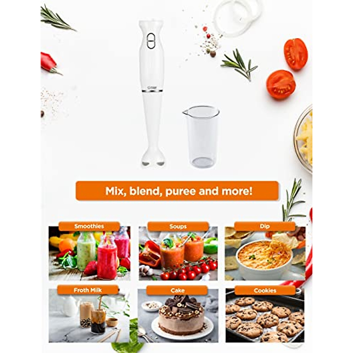 COMMERCIAL CHEF Immersion Blender, Hand Blender with Stainless Steel Blades, Immersion Blender with Quiet Motor, Electric Mini Blender for Delicious Food