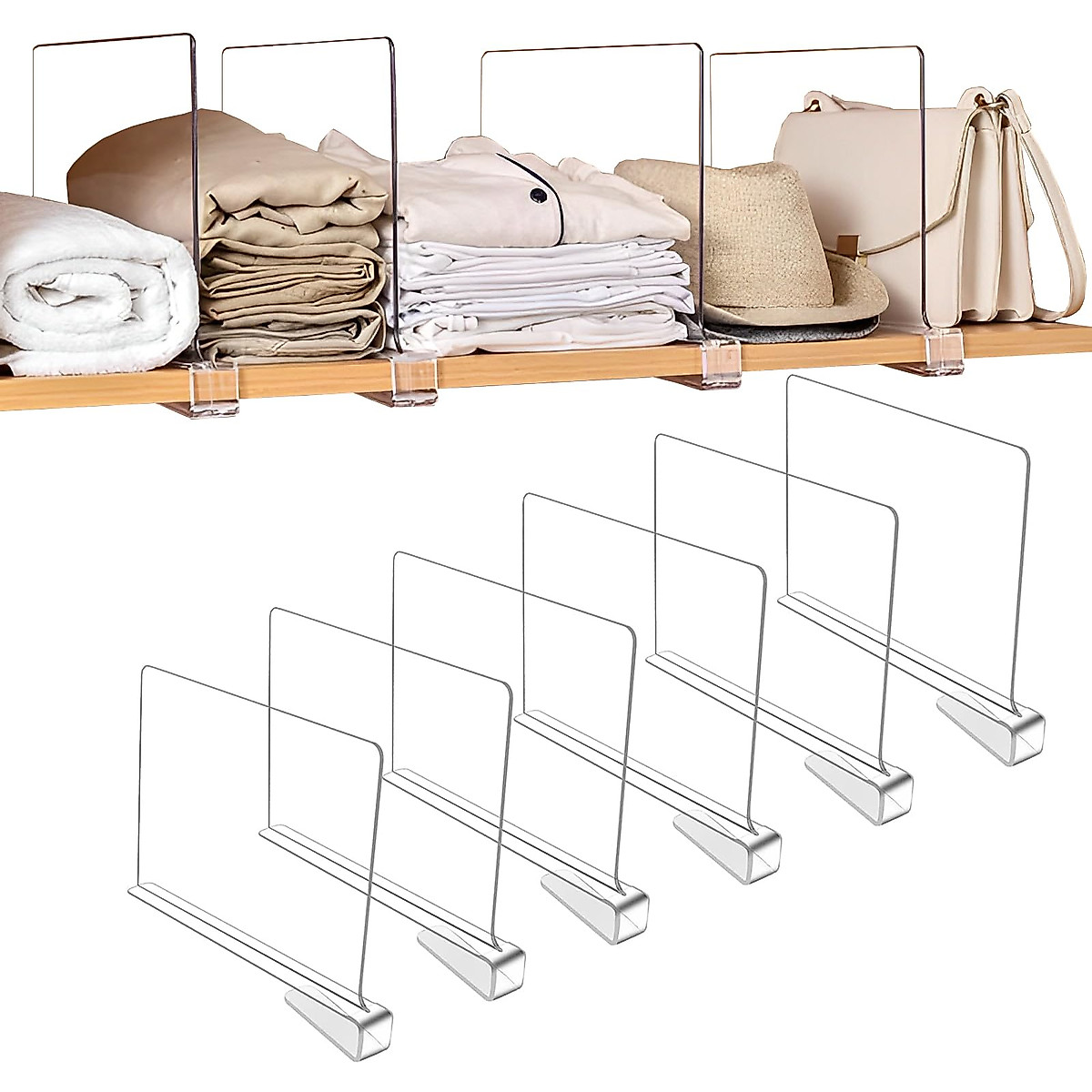 Sooyee 6 Pack Beautiful Acrylic Shelf Dividers, Perfect Perfect for Closets Kitchen Bedroom Shelving Organization to Organize Clothes Closet Shelves, Books,Towels and Hats, Purses Separators,Clear