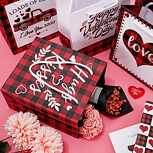 Whaline 12Pcs Valentine's Day Paper Gift Bags with Handle Red Black Buffalo Plaids Candy Goodie Bag Love Heart Truck Cupid Pattern Treat Bags Party Favor Bag for Wedding Engagement Wrapping Supplies