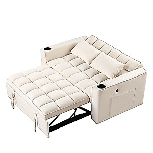 FULife 58" Convertible Sofa Couch with Pull-Out Sleeper,Adjustable Loveseat Armchair Single Bed Chair with Cup Holder,USB Port,Side Pocket&Pillows for Living Room/Apartment/Office/Studio/Small Place