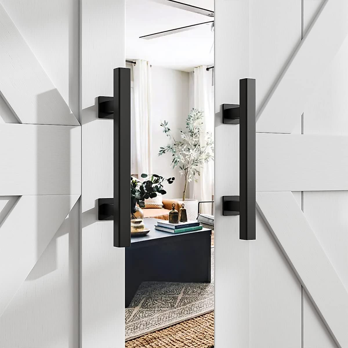 SMARTSTANDARD 2 Pack Barn Door Handles Set, 12" Large Rustic Two-Side Design, Pull and Flush Sliding Door Handle for Gates Garages Sheds Furniture, Black, Square