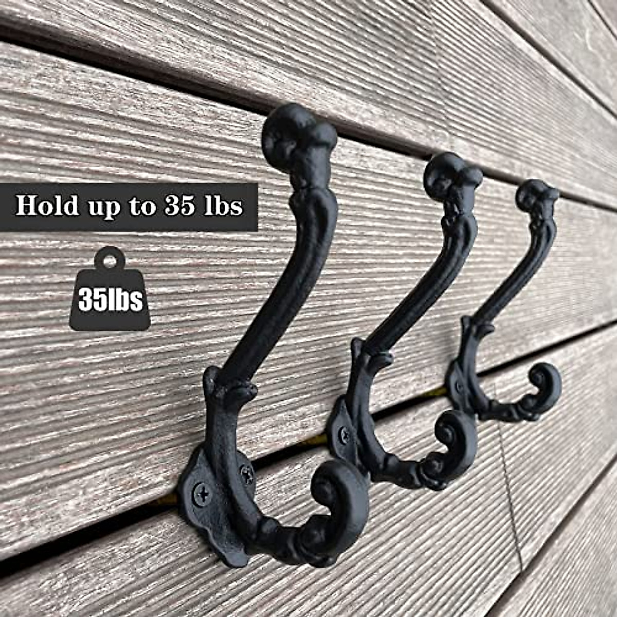 6 Pack Cast Iron Wall Hooks Antique Vintage Rustic Farmhouse Coat Hooks, Great for Coats, Bags, Towels, Hats, Mounting Screws Included