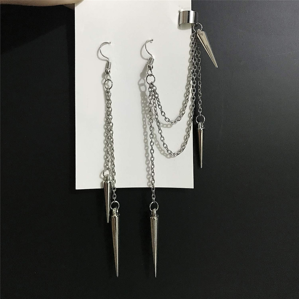 DAMLENG Lightweight Unique Black Punk Long Tassel Chain Ear Cuff Earrings 316L Stainless Steel Vintage Barrel Nails Crawler Climer Dangle Drop Earrings for Men Women Unisex (Silver)