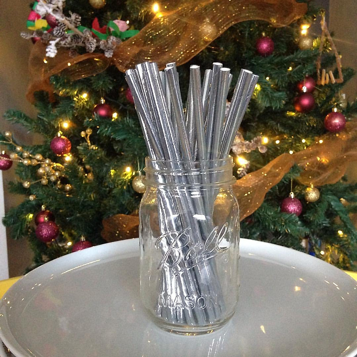 ALINK Biodegradable Silver Paper Straws Bulk, Pack of 100 Metallic Foil Striped/Wave/Dots Straws for Birthday, Wedding, Bridal/Baby Shower, Christmas Decorations and Party Supplies