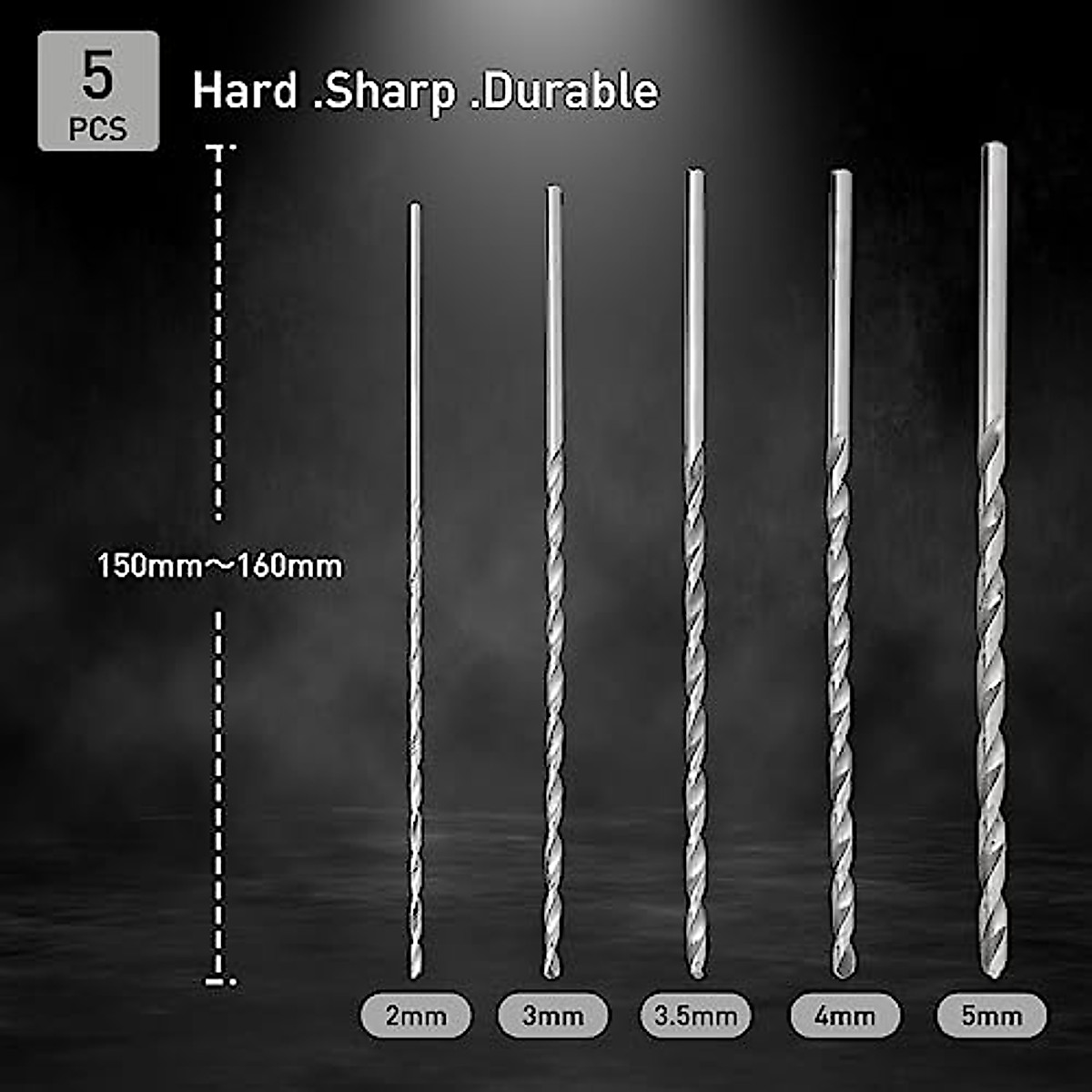 Extra Long Drill Bit Set, 5Pcs 150mm~160mm High Speed Steel Straight Shank Tool Wood Drill Bits Set 2-5 mm