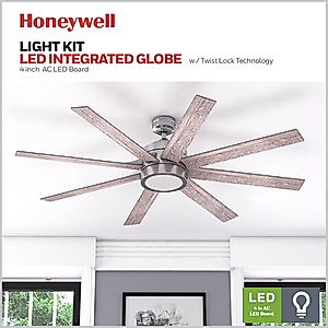 Honeywell Ceiling Fans Xerxes Modern 62 Inch Ceiling Fan with Light, Remote Control Fan, LED Indoor Fan with 8 Blades, French Oak and Gray Oak Blade Finish Options, Brushed Nickel (50608-01)