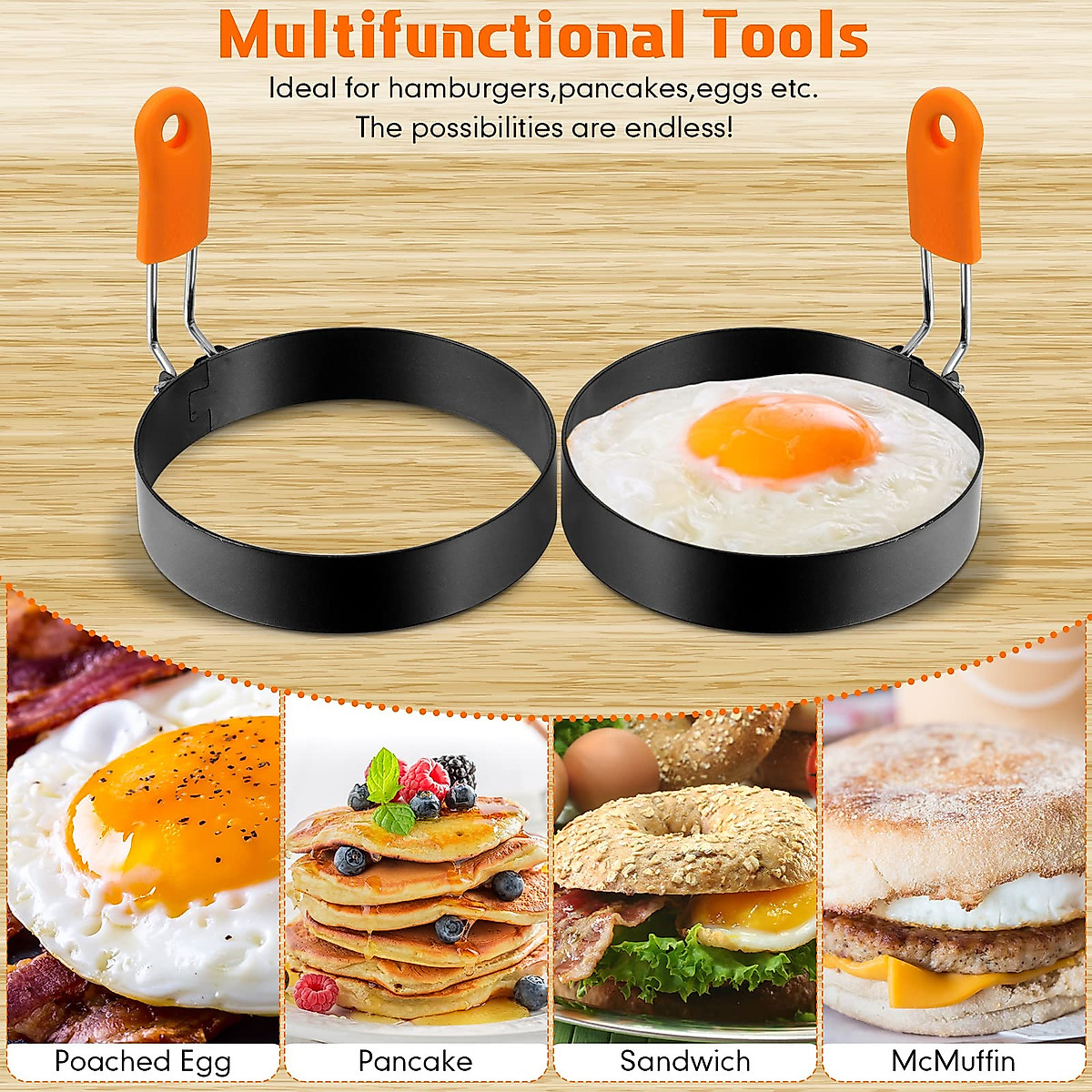 Patelai 4 Pcs Professional Egg Ring Pancake Ring Set Stainless Steel Fried Egg Ring Griddle Pancake Shapers with Orange Silicone Handle for Breakfast Omelette Sandwich (4 Pcs, 4 Inch)