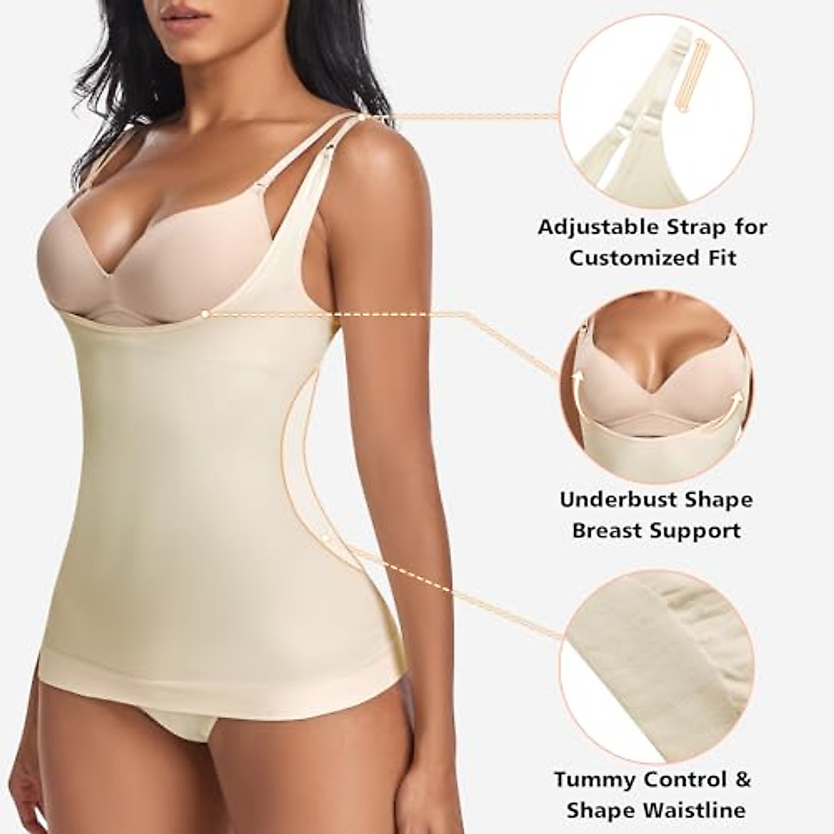 EUYZOU 2PK Women's Tummy Control Shapewear Tank Tops Underbust Compression Shape Wear Seamless Body Shaper Camisole, Black/Beige L