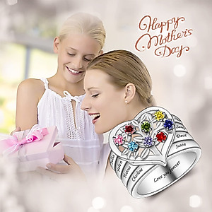 BAUMA AUTO Birthstone Rings for Women Custom 1-8 Birthstones & Names Heart Ring Tree of Life Jewelry Family Tree Rings for Mom Grandmother Wife (8 Stones)