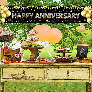 Wedding Anniversary Banner Decorations, Large Happy Anniversary Yard Sign Party Supplies Decor, Black Gold Outdoor 16th/21st/30th/40th Anniversary Decorations Photo Booth Props(9.8 X 1.6ft)