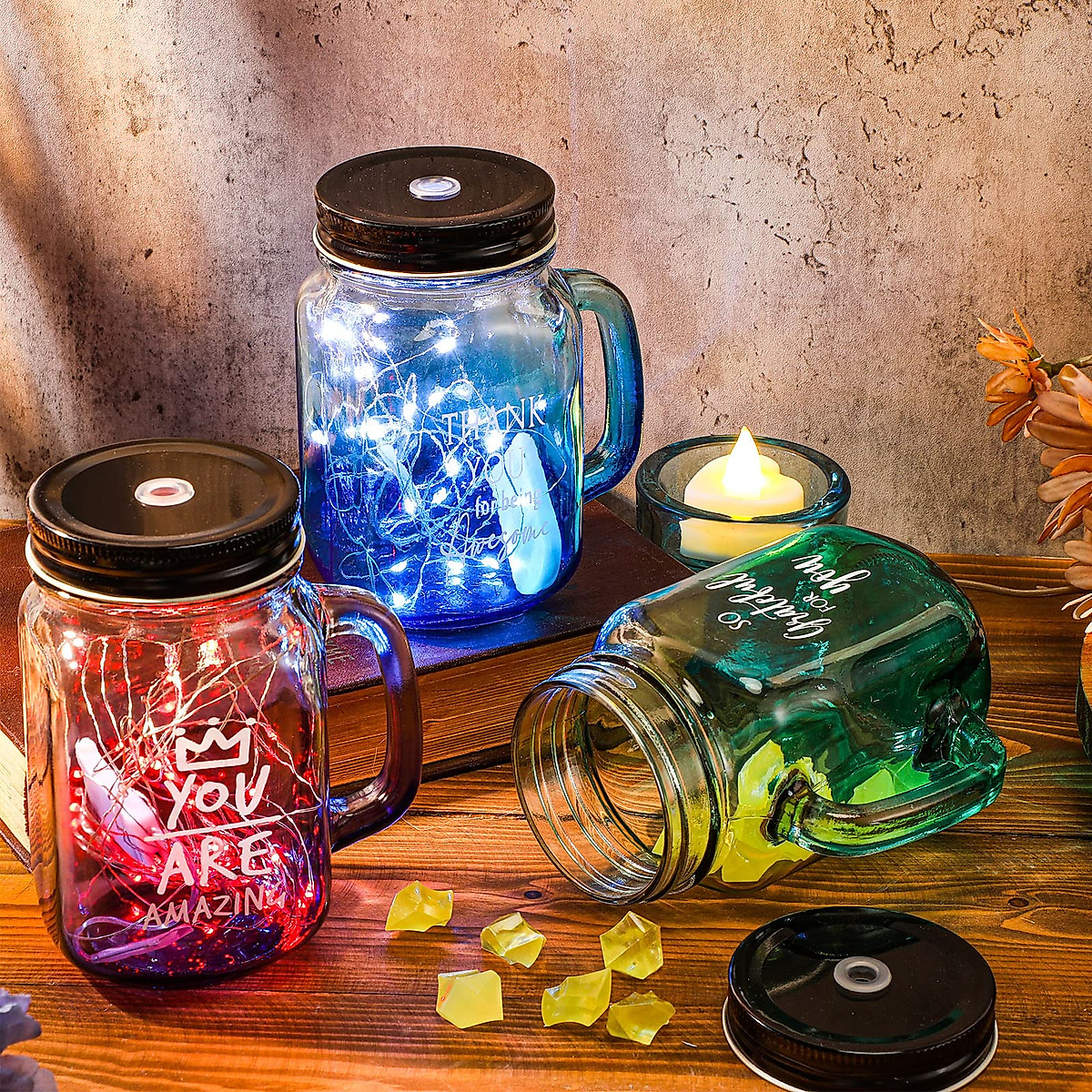 Meanplan Employee Appreciation Gift Bulk 16 oz Thank You Glass Cup with Handles Lids and Straws Mason Jar Mugs for Students Teacher Graduation Coworker Staff Nurse Work Team(Multicolor, 10 Pcs)