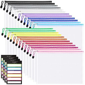 Sooez 24 Pack Mesh Zipper Pouch with Sticky Labels, A4 Size Mesh Bags for Board Game & Puzzles Organizing Storage, Durable Letter Size File Bags for Office Classroom Organization, 12 Assorted Colors