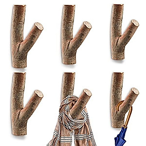 DEAYOU 6 Pack Wood Wall Hooks, Tree Branch Real Wooden Hooks for Hanging, Adhesive Farmhouse Rustic Hat Coat Hooks Wall Stickers for Towels, Bags, Scarves, Keys, Decoration (Width 0.8"-1.2")