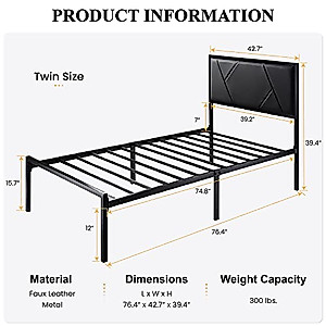 SHA CERLIN Modern Twin Size Metal Bed Frame with Geometric Litchi Grain Leather Headboard, Platform Bed with 12" Underbed Storage Space, Metal Slat Support, Noise Free, No Box Spring Needed, Black