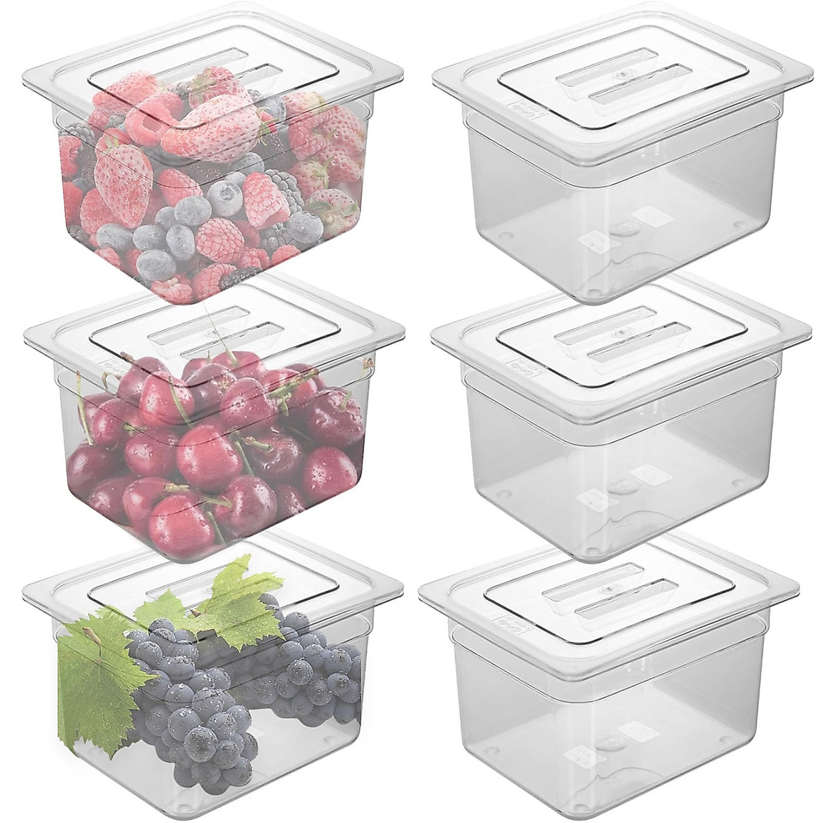 Cheardia 6 Pack 1/6 Size Polycarbonate Food Pans with Lids, Plastic Clear Restaurant Containers Salad Bar Containers for Fruits, Vegetables, Kitchen Food Prep, 4 Inch Deep