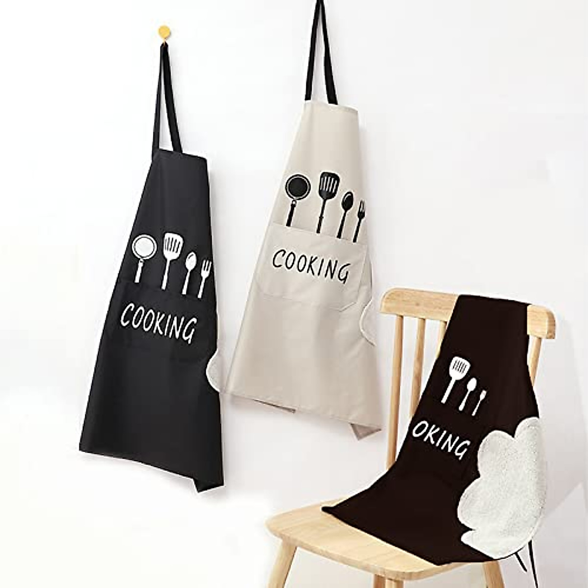 Adjustable Kitchen Apron with Hand Wipe, Water-drop Resistant with 1 Pocket Cooking Bib Apron for Women & Men (BLACK)