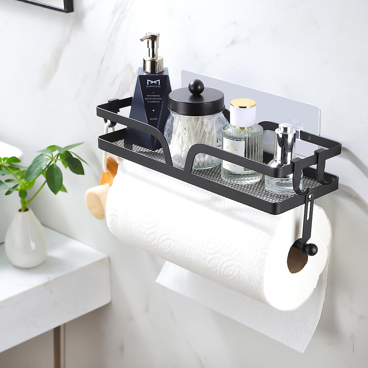 Taozun Paper Towel Holder with Shelf, Kitchen Paper Holder Spice Rack Black Paper Towel Roll Holder RV Paper Towel Rack with 4 Hooks(2 Installation Methods - Self-Adhesive and Drilling)