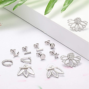LOYALLOOK 10Pairs Stainless Steel Stud Earring Set Moon Star Bar Earrings Lotus Ear Jacket CZ Cuff Hoop Huggie Cartilage Earring for Women, Silver
