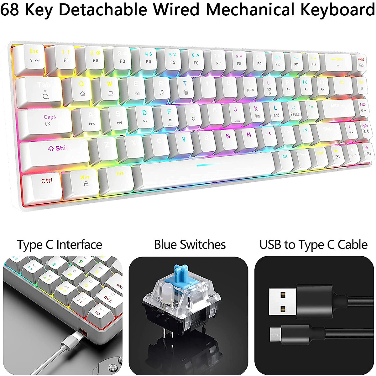 60% Mechanical Gaming Keyboard and Mouse Combo RGB Backlight Ultra-Compact Ergonomic Anti-ghosting 68 Keys 6400DPI Silent Honeycomb Mice Type-C Wired for Computer Mac Gamer