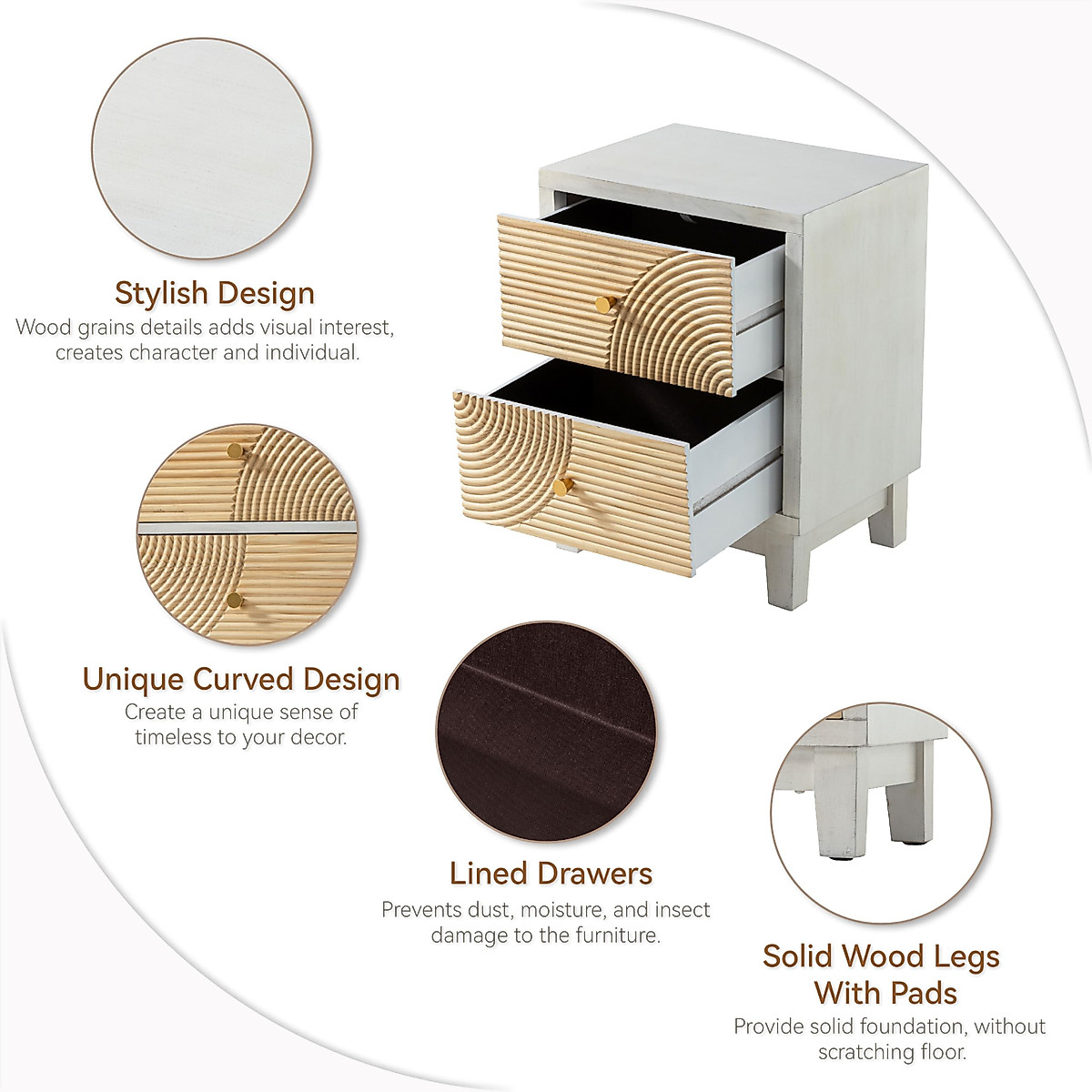 COZAYH 2-Drawer Farmhouse Nightstand X 2P, Mid Century Nightstand Fully Assembled with Handcrafted Wood Ring Pattern for Boho, Mid-Century, Rustic Style, White