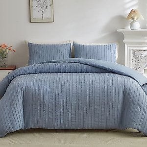 WARMDERN Blue Boho Duvet Cover King Size, Striped Textured Duvet Cover Set Tufted Bedding Set, 3 Pcs Ultra Soft Washed Microfiber Duvet Cover with Zipper Closure (King, Blue)