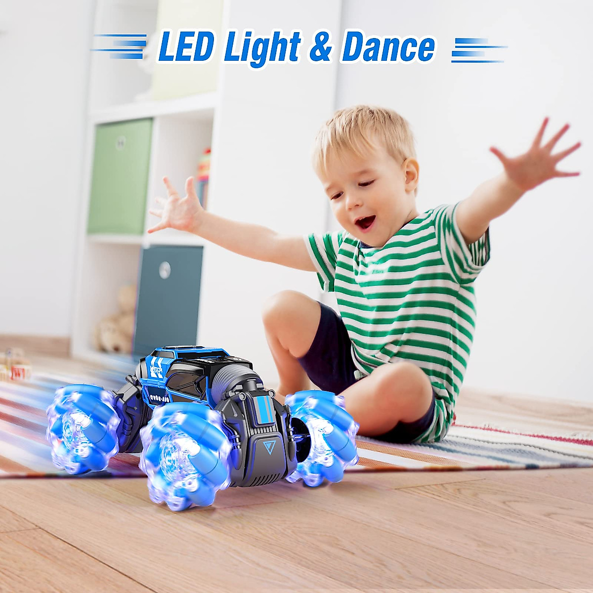 Powerextra LED Gesture Rc Car, 4WD 2.4GHz Remote Control Gesture Sensing Car, Double Sided 360° Rotating Transform Off Road Rc Stunt Car with Lights & Dance for 6-12 Year Old Boys & Girls