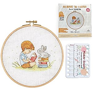 Maker Susan Reading to Rabbit Pattern Counted Cross Stitch Kits for Adults and Beginners with Wooden Hoop, DMC Fabric, Threads and Needles, Embroidery Thread Floss Organizer Cards (E2001)