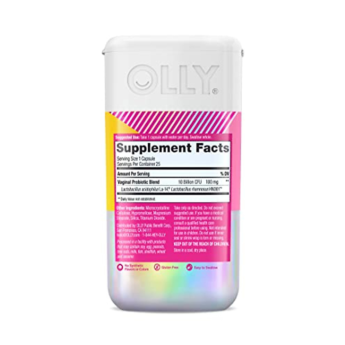 OLLY Happy Hoo-Ha Capsules, Probiotic for Women, Vaginal Health and pH Balance, 10 Billion CFU, Gluten Free - 25 Count