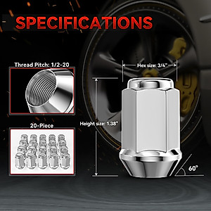EZISOE 20PCS Chrome Lug Nuts 1/2 x 20, Wheel Lug Nuts Closed Bulge Acorn Spline 1.38" Tall 19mm Hex Aftermarket Tuner for Bronco Mustang Ranger YJ TJ KJ KK ZJ WJ WK XK MJ XJ