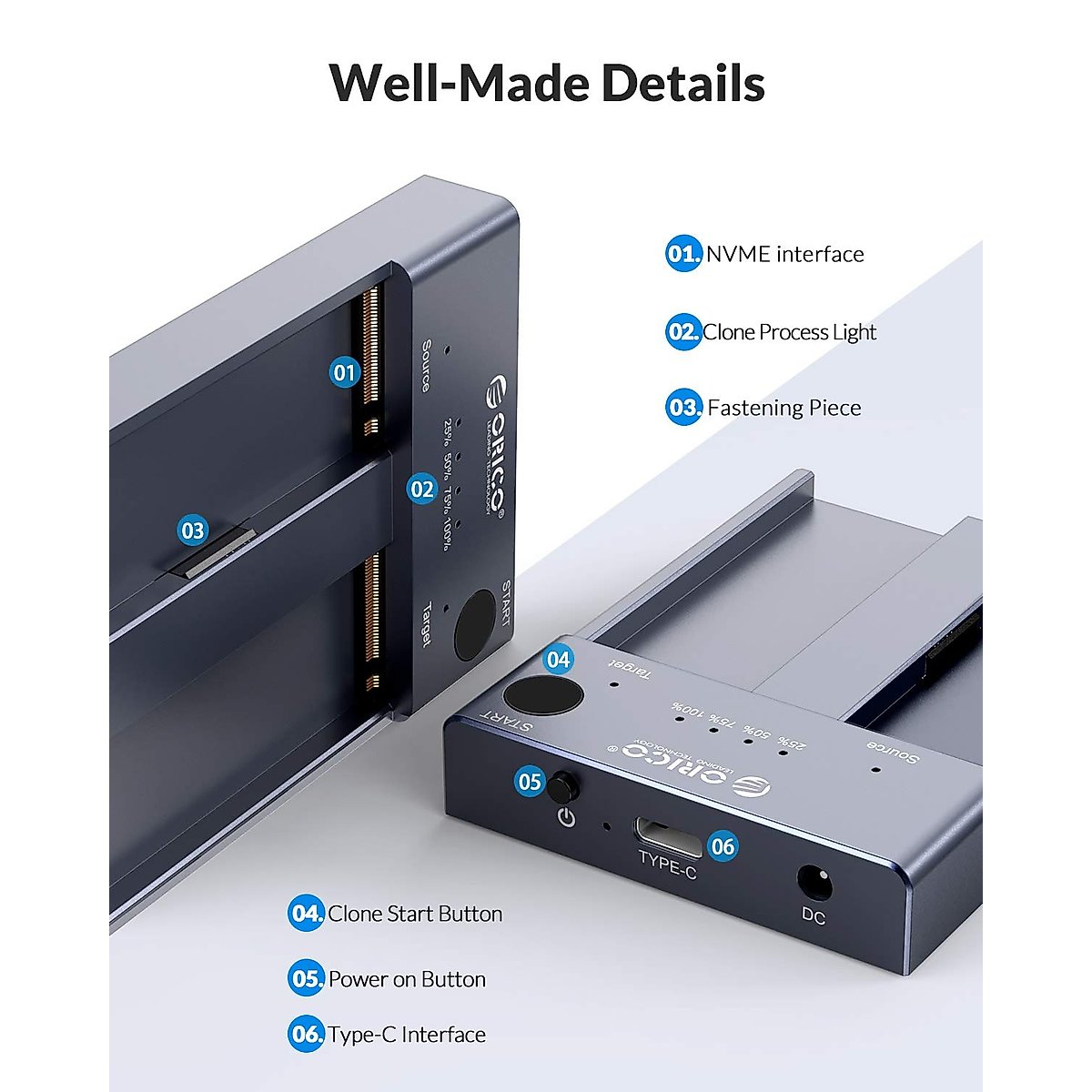 ORICO M.2 NVMe Cloner Dual-Bay NVMe Docking Station USB C to NVMe SSD Enclosure Aluminum M.2 Duplicator Offline Clone for PCIe M-Key SSDs max to 8TB Tool Free-M2P2