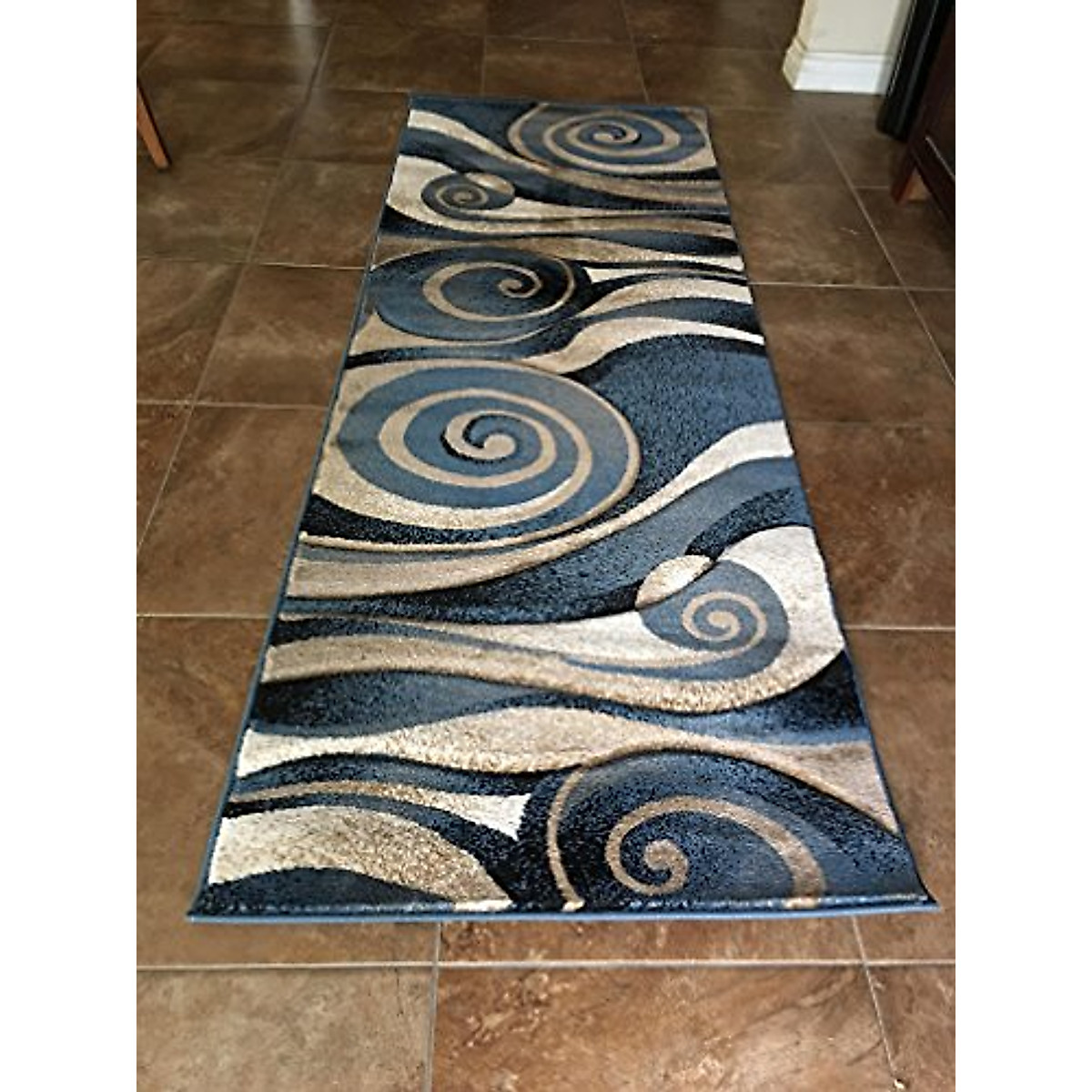 Nikos Modern Wide Runner Area Rug Blue Sculpture Design 258 (32in.X7ft.)