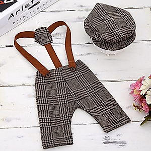 Baby Photography Props Newborn Boy Photo Shoot Outfits Infant Gentleman Suit Lattice Outfit Hats (Coffee)