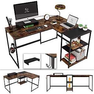 L-Shaped Desk for Home Office | Nost Host Corner Desks with Adjustable Side Shelf | Monitor Stand Headphone Hook Included Convertible Table | Modern-Style Industrial Desk 82.6L