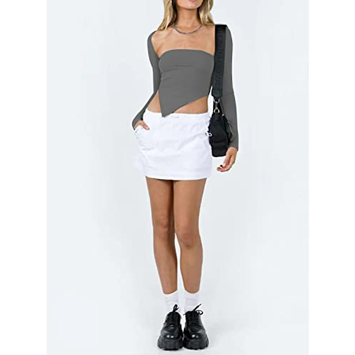 Y2k Tops Solid Cover Up Strapless Slim Fit Corset Cami Tank Top 2 Pieces Dark Grey X-Small