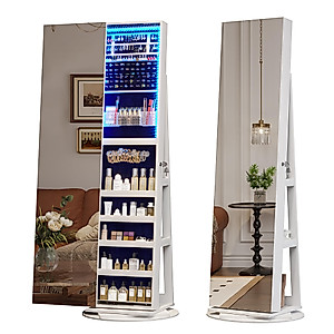 LVSOMT 360° Swivel Jewelry Mirror Cabinet with Lights, Standing Jewelry Armoire Organizer, 63" Rotatable Full-Length Mirror with Jewelry Storage, Lockable with Back Storage Shelve, White