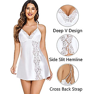 Avidlove Women Lingerie Satin Lace Chemise Nightgown V Neck Sexy Full Slips Sleepwear Dress (Large, A White)